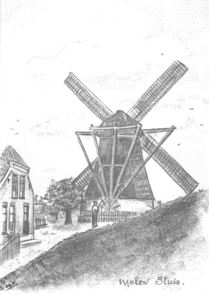 Een tekening van de korenmolen op Sluis - Historische Vereniging Ameide ...